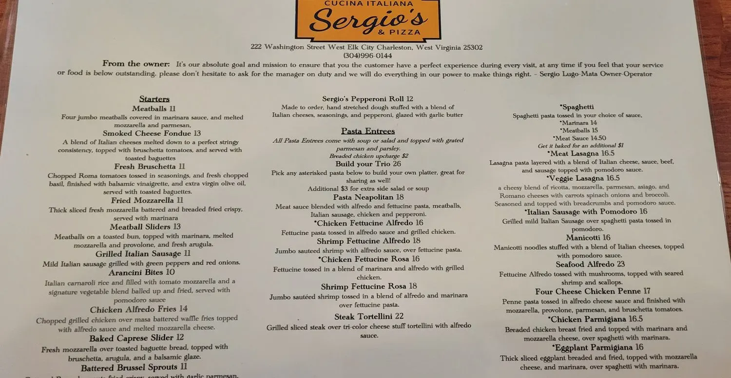 Sergio’s Cucina Italiana & Pizza Menu - Updated November 2025