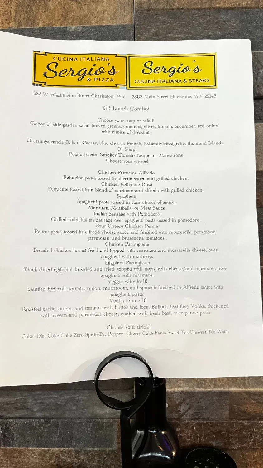 Sergio’s Cucina Italiana & Pizza Menu | Charleston, WV | Checkle