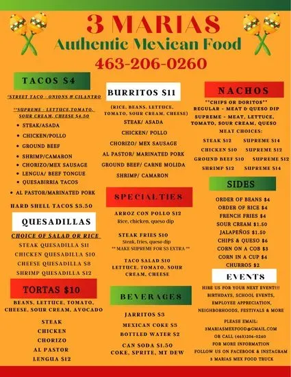 3 Marias Mexican Food Truck Menu | Indianapolis, IN | Checkle