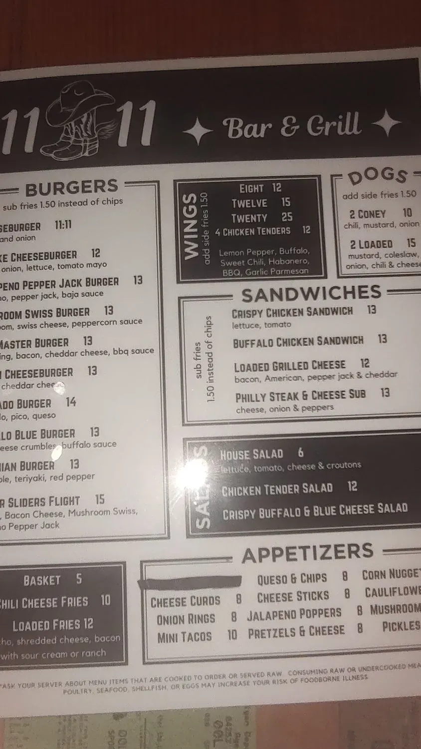 11:11 Bar and Grill Menu - Updated October 2025