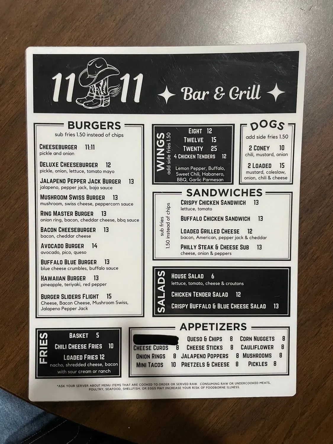 11:11 Bar and Grill Menu - Updated October 2025