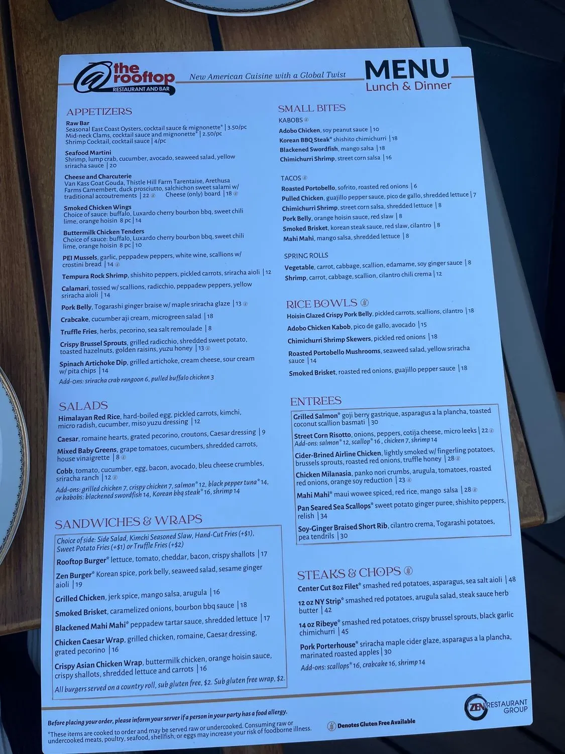 At The Rooftop Menu - Updated November 2025