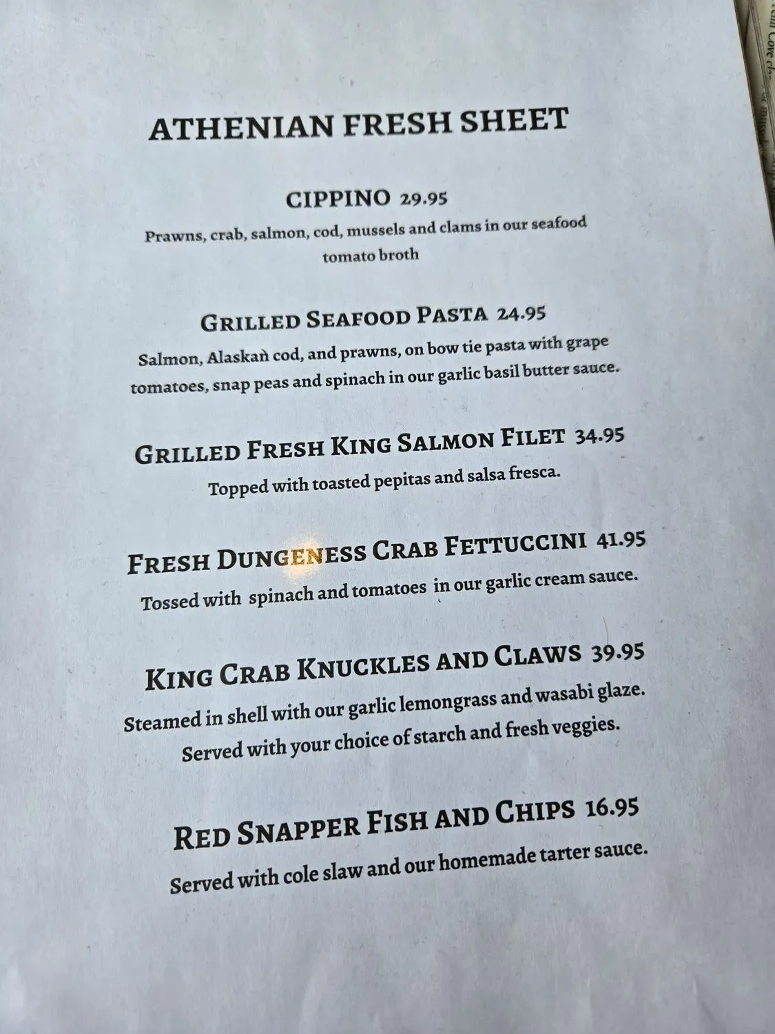 The Athenian Seafood Restaurant And Bar Menu - Updated October 2025