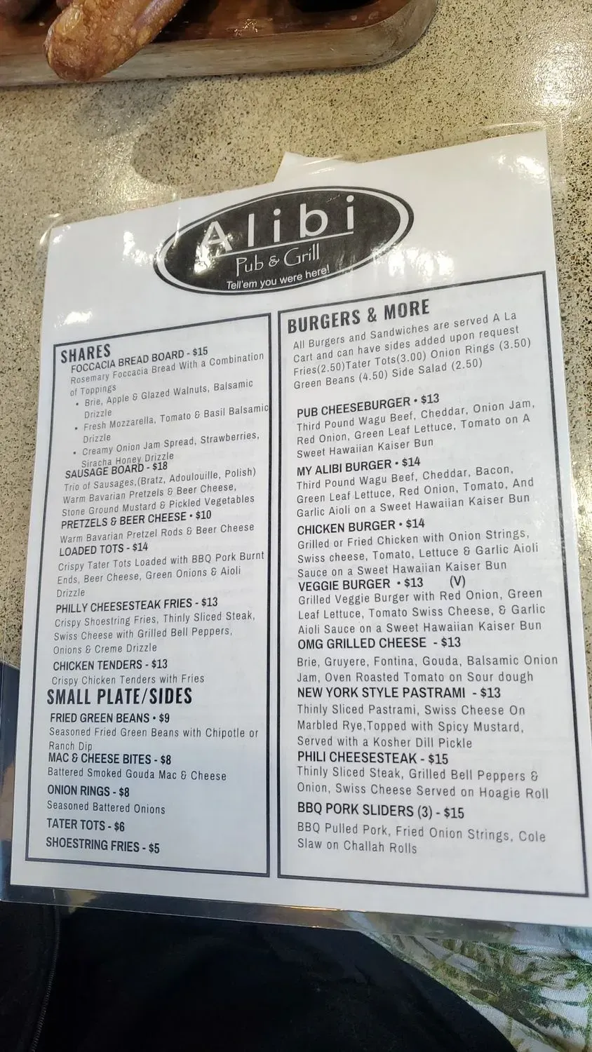 The Alibi Pub & Grill Menu - Updated October 2025