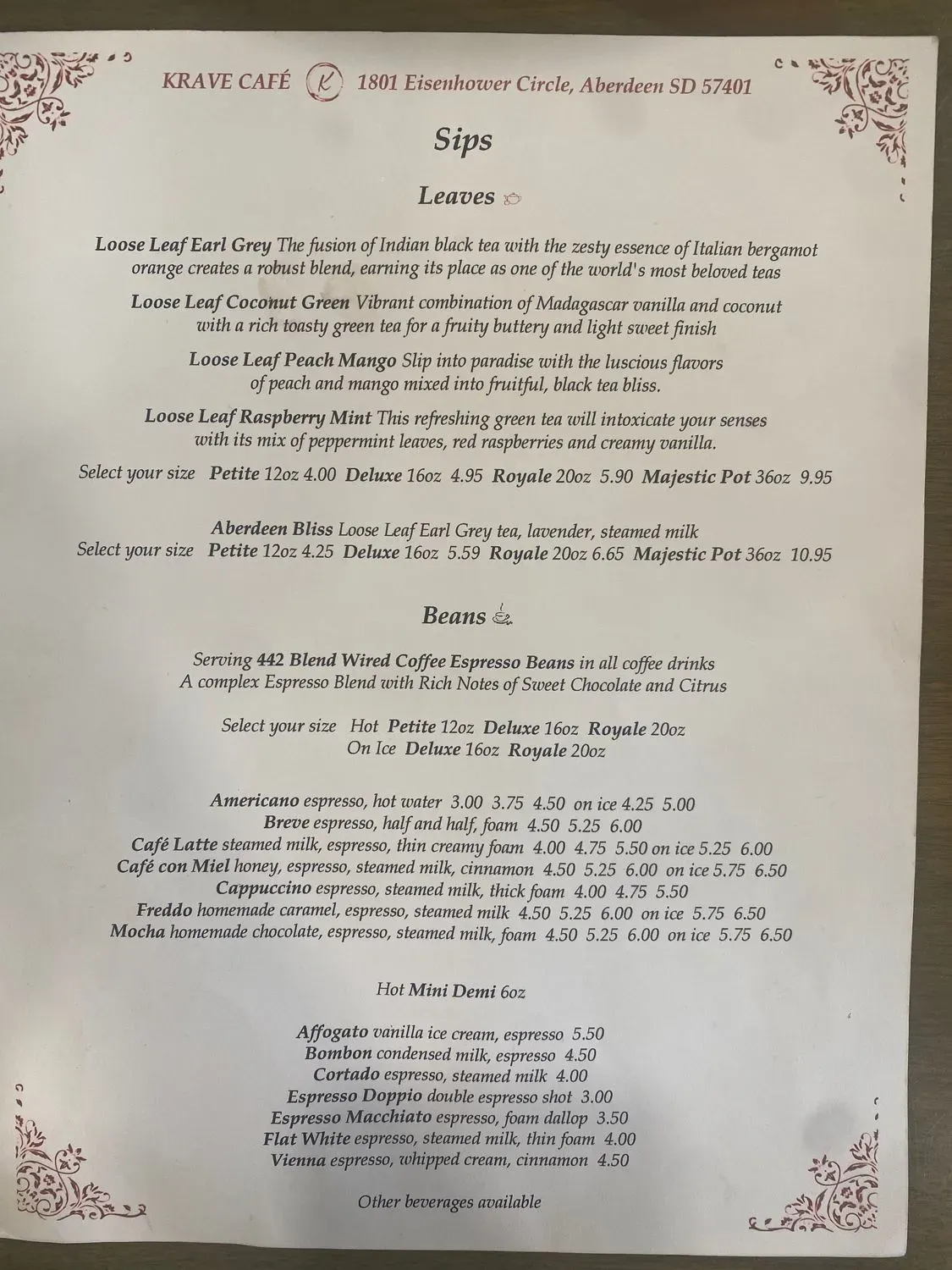 Krave Cafe Menu - Updated October 2025
