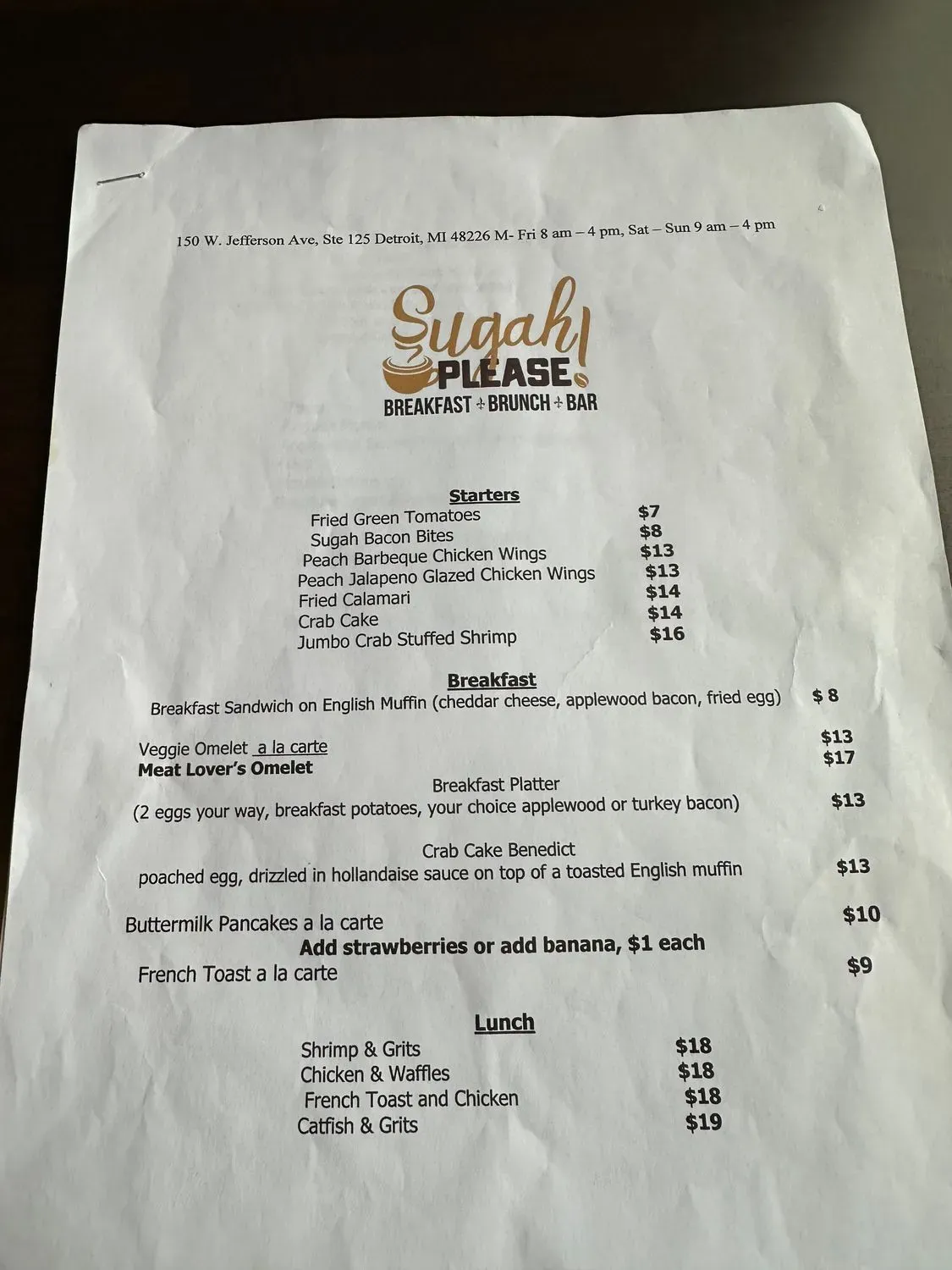 Sugah Please Breakfast Brunch Bar Menu | Detroit, MI | Checkle