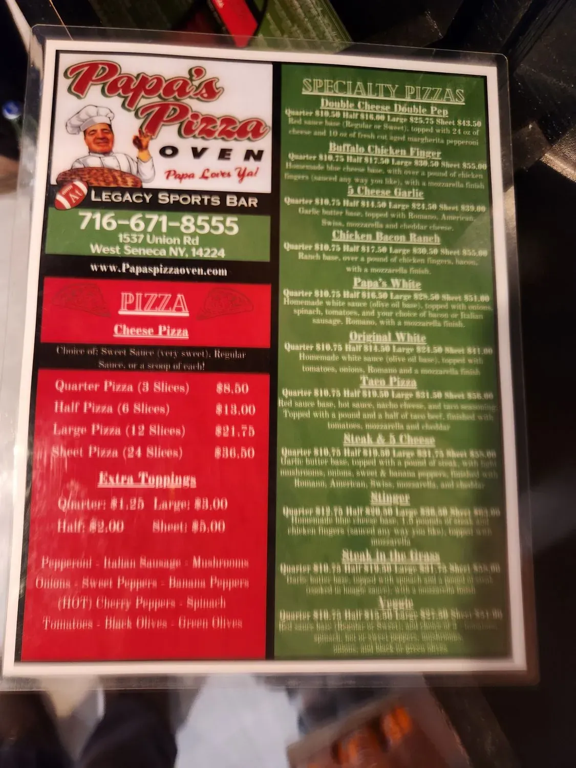 Legacy Sports Bar & Papa’s Pizza Oven Menu - Updated November 2025