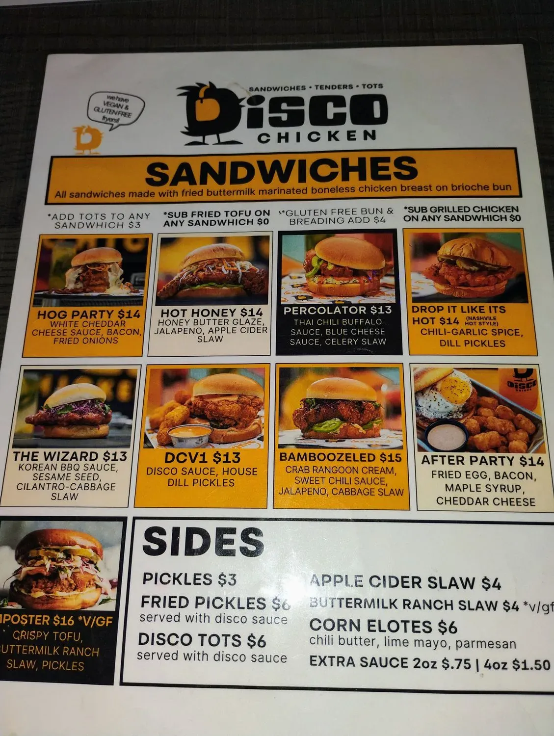 Disco Chicken Menu - Updated September 2025