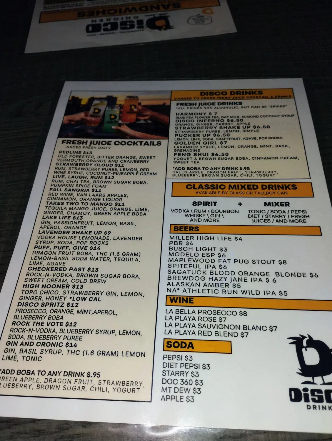 Disco Chicken Menu - Updated October 2025
