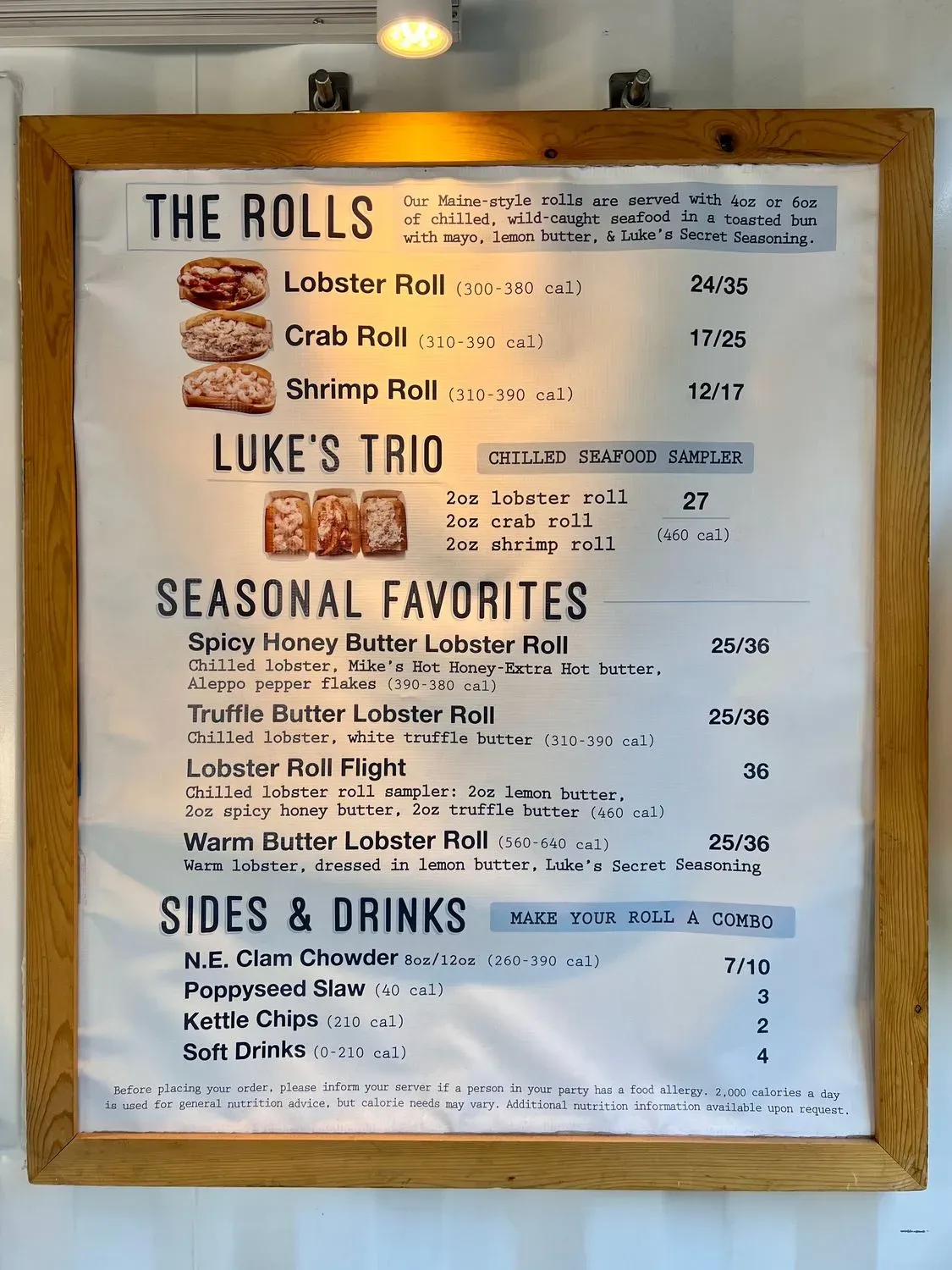 Luke's Lobster Menu - Updated November 2025