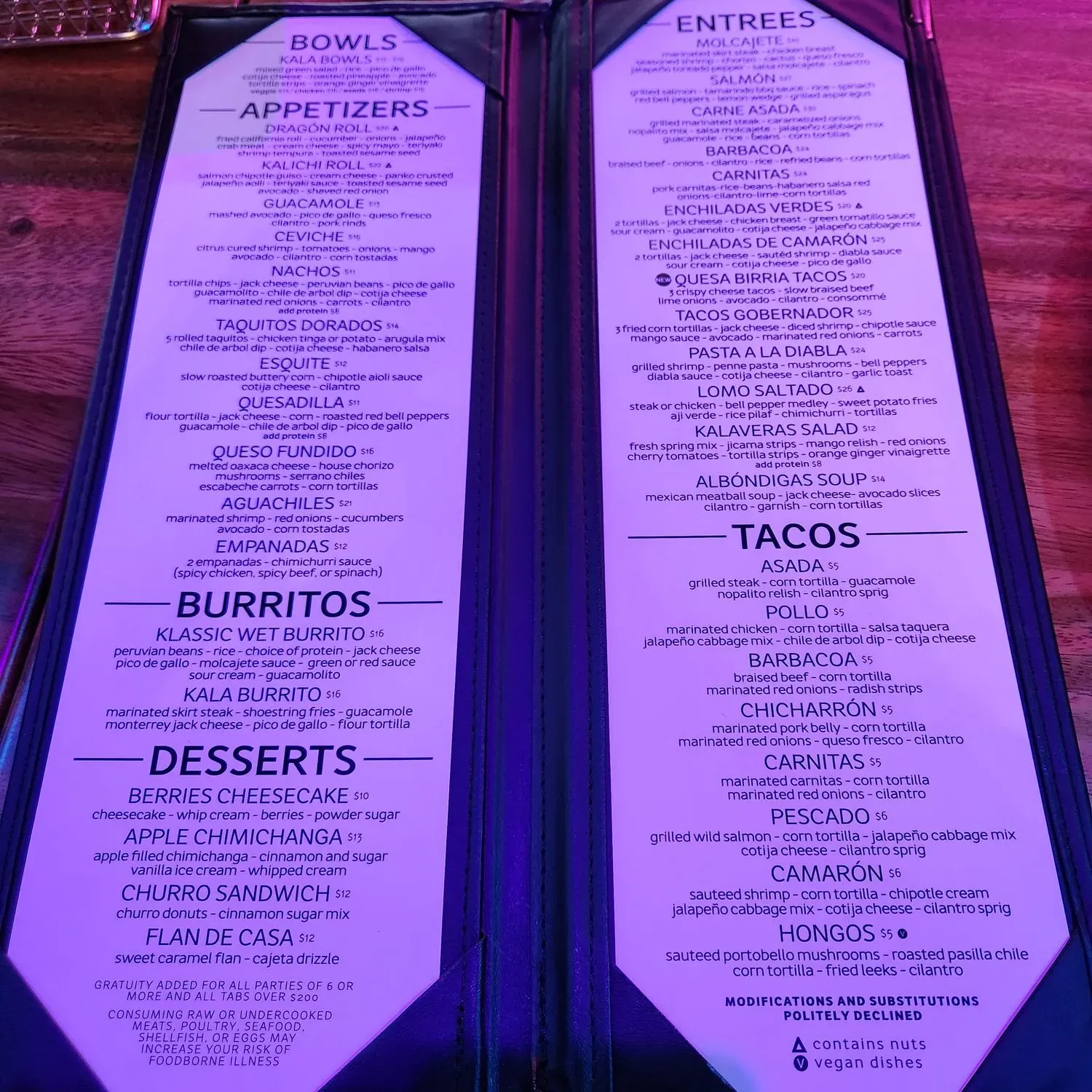 Kalaveras Menu - Updated November 2025