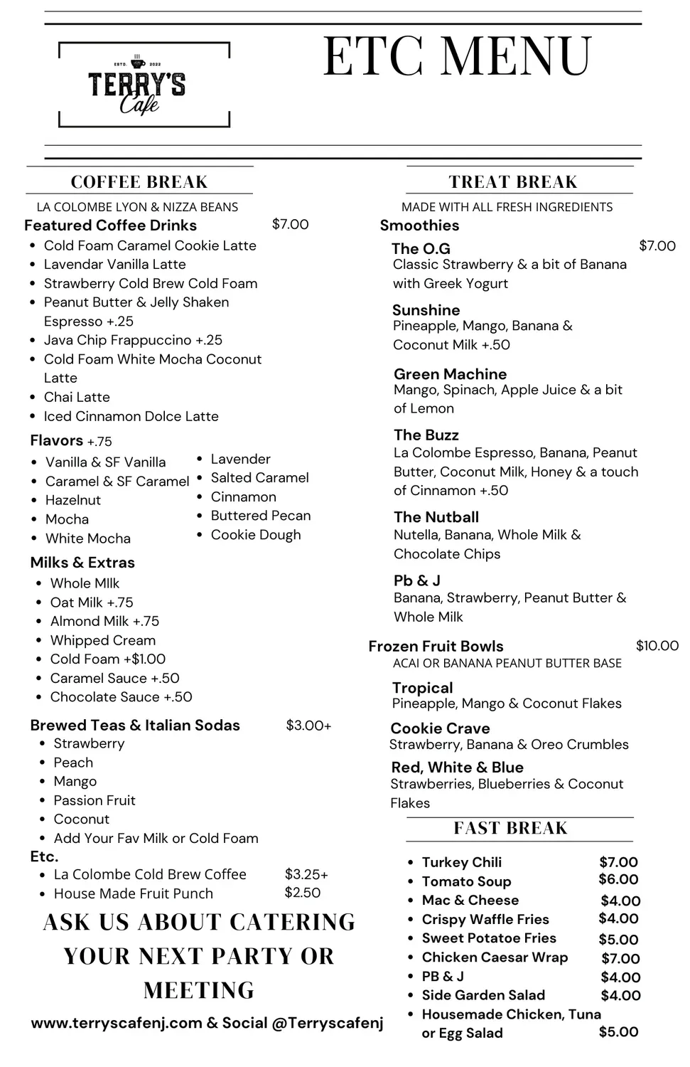 Terry's Cafe Menu - Updated November 2025