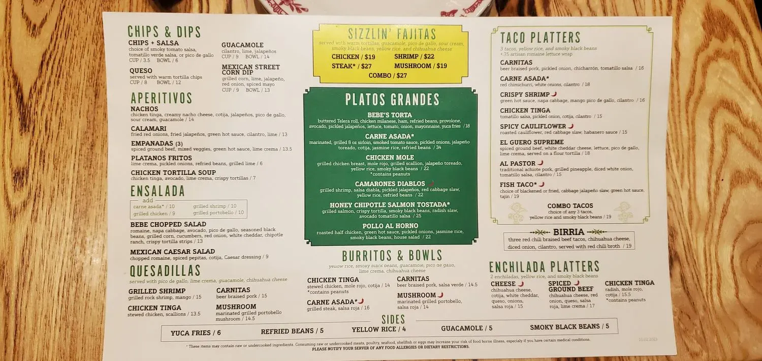 El Bebe Menu - Updated October 2025