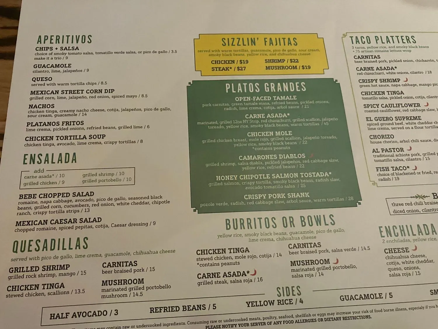 El Bebe Menu - Updated October 2025