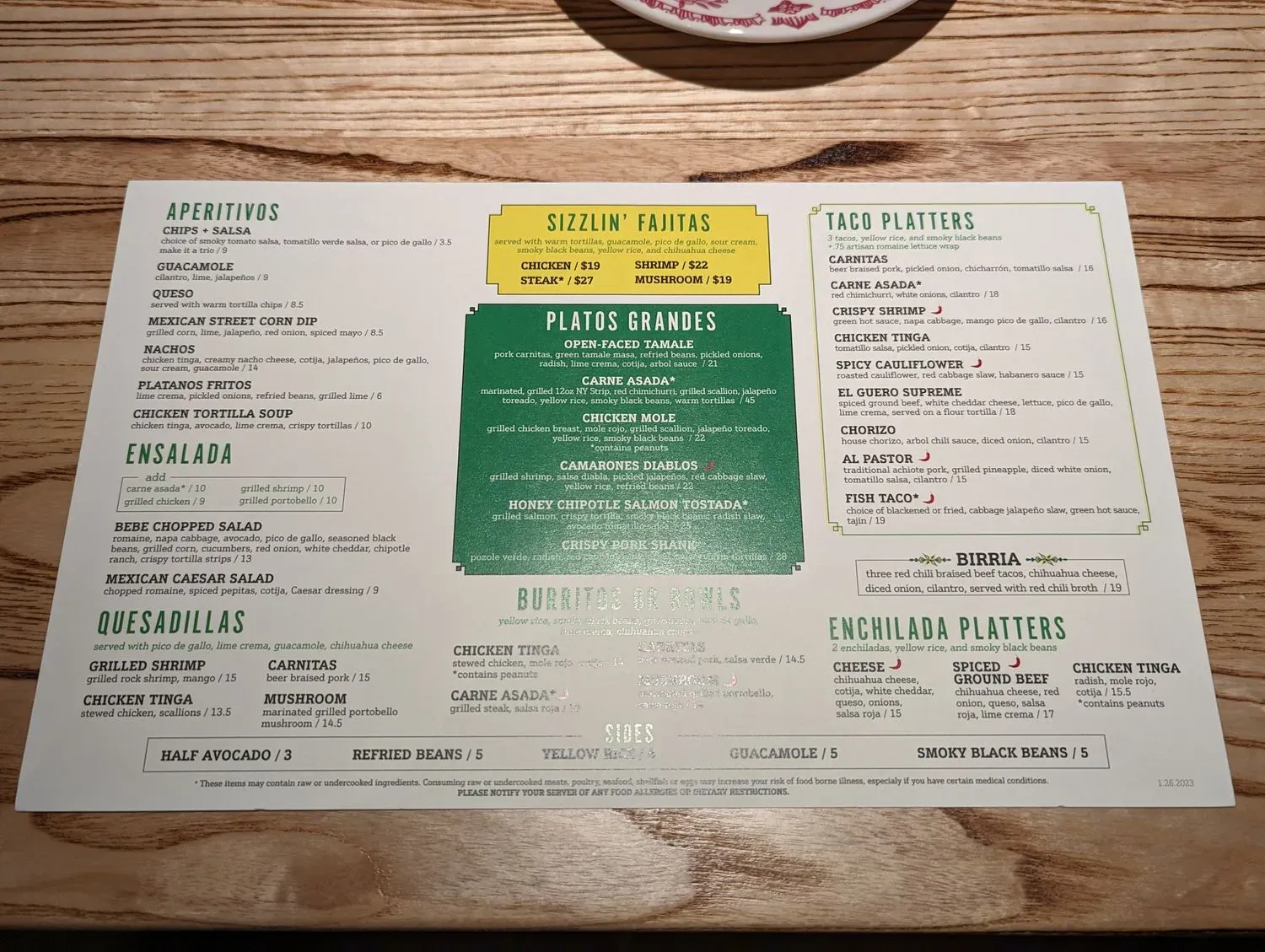 El Bebe Menu - Updated October 2025