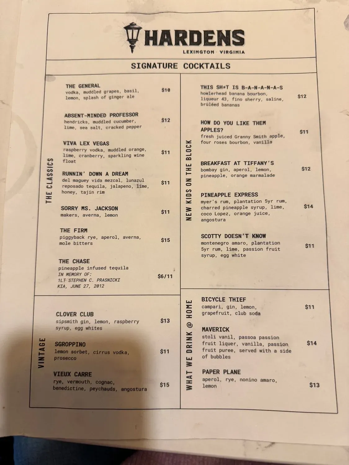 Hardens Menu - Updated October 2025