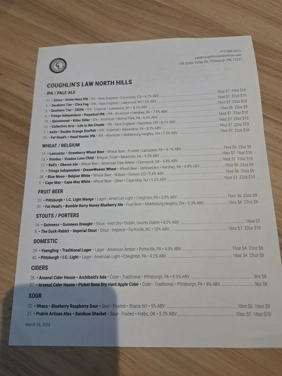Coughlin's Law Kitchen and Brew Pub at Nebo Pointe Menu - Updated ...