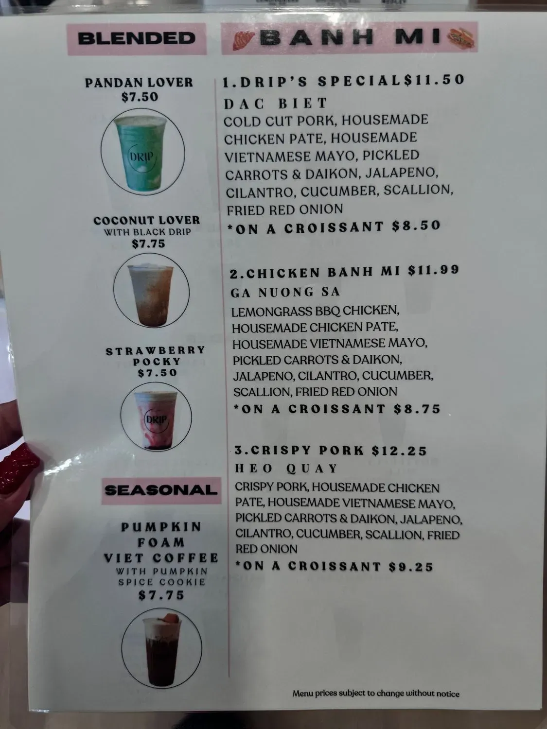 Drip Vietnamese Cafe Menu - Updated November 2025