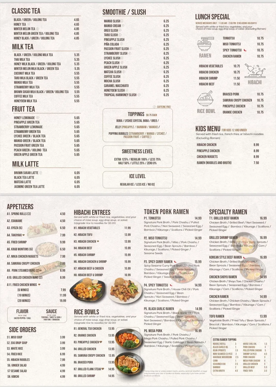 Token Ramen Hibachi Boba Tea Menu - Updated October 2025