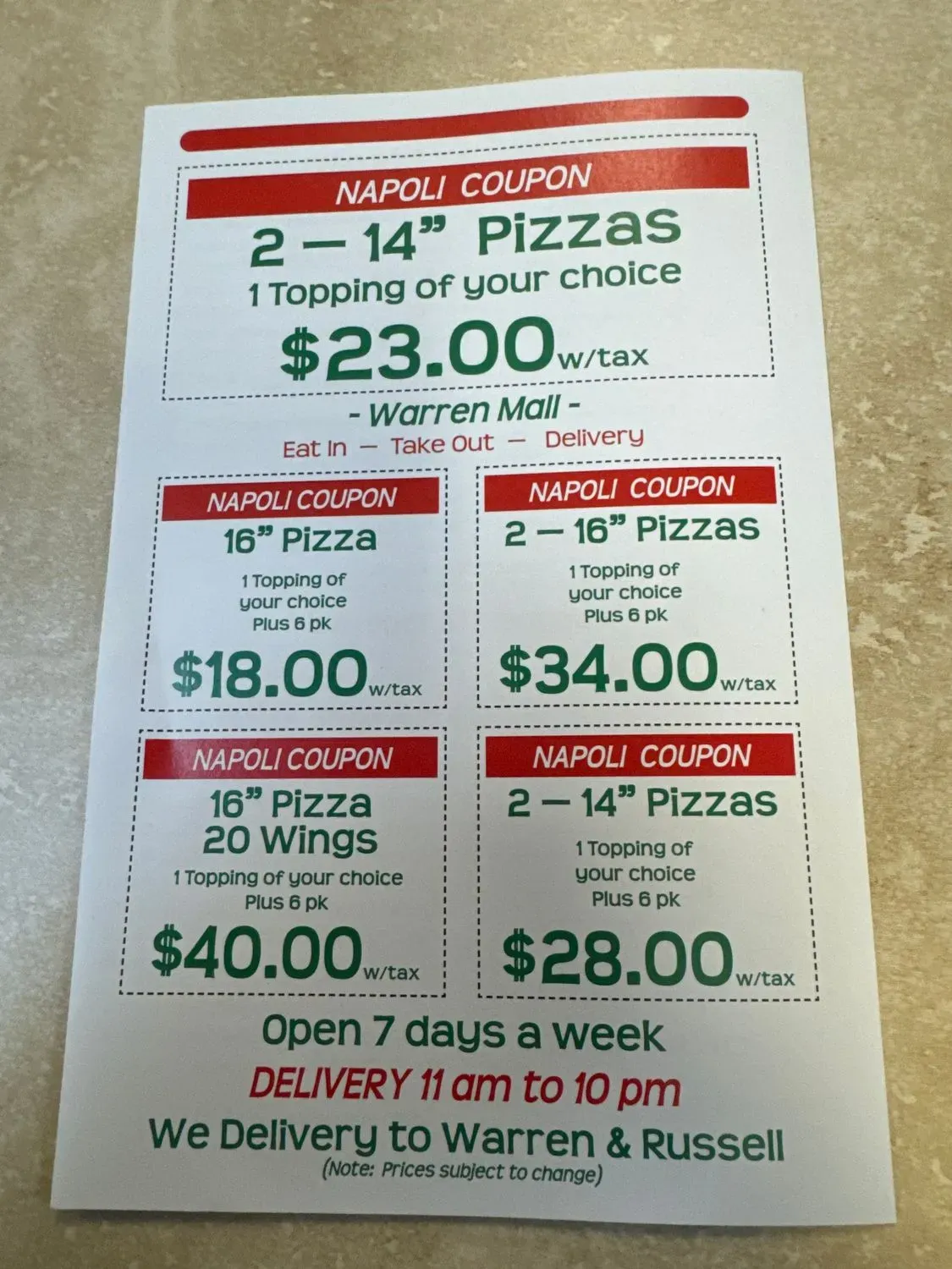 Napoli. Pizza Menu - Updated November 2025