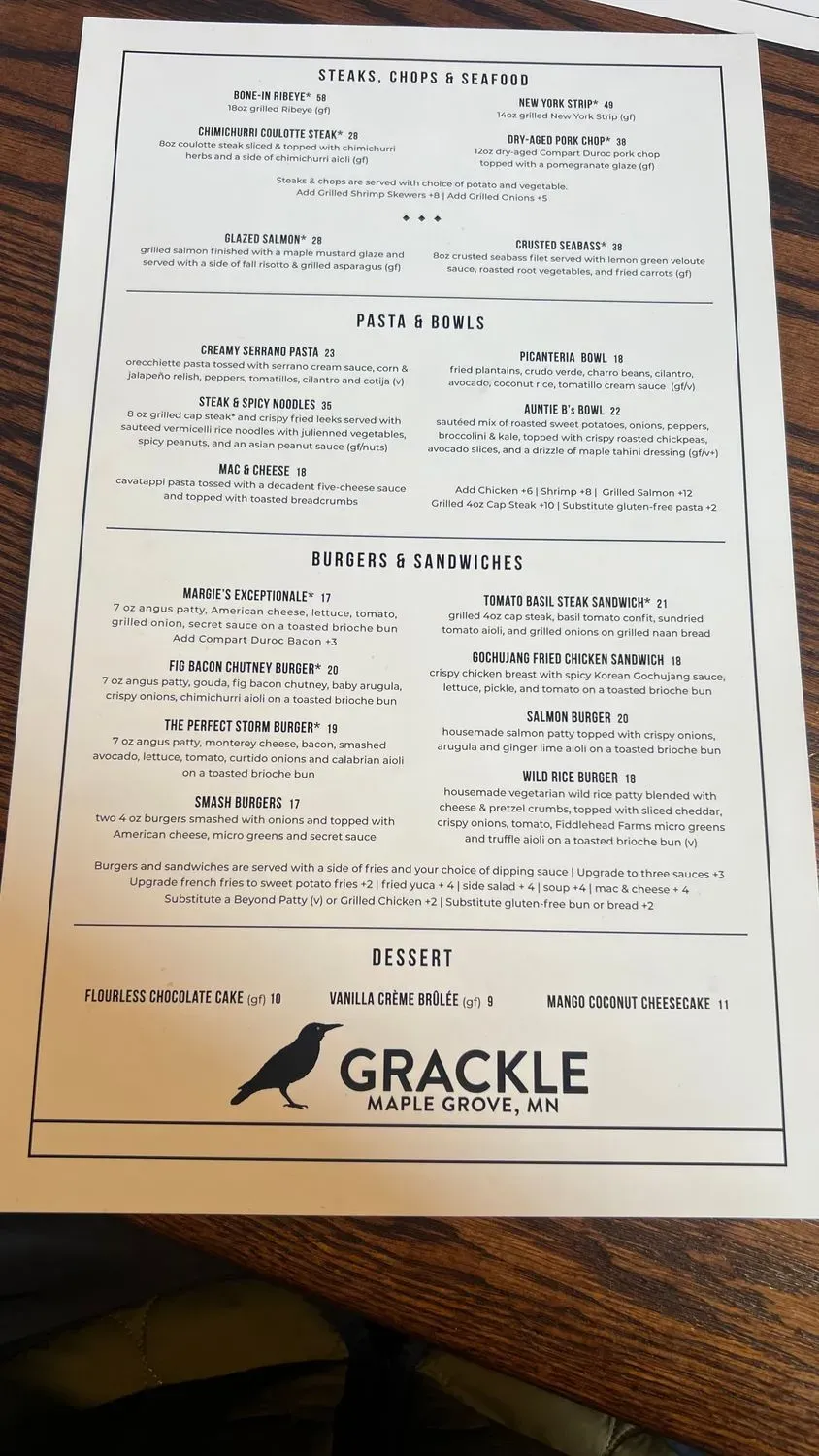 Grackle Menu - Updated November 2025