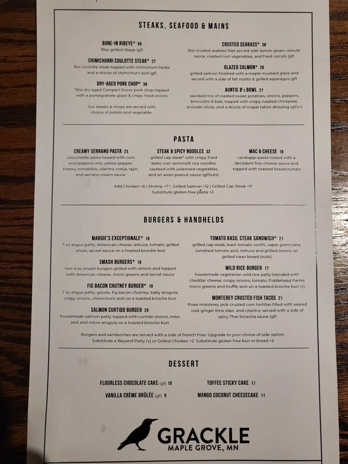 Grackle Menu - Updated November 2025