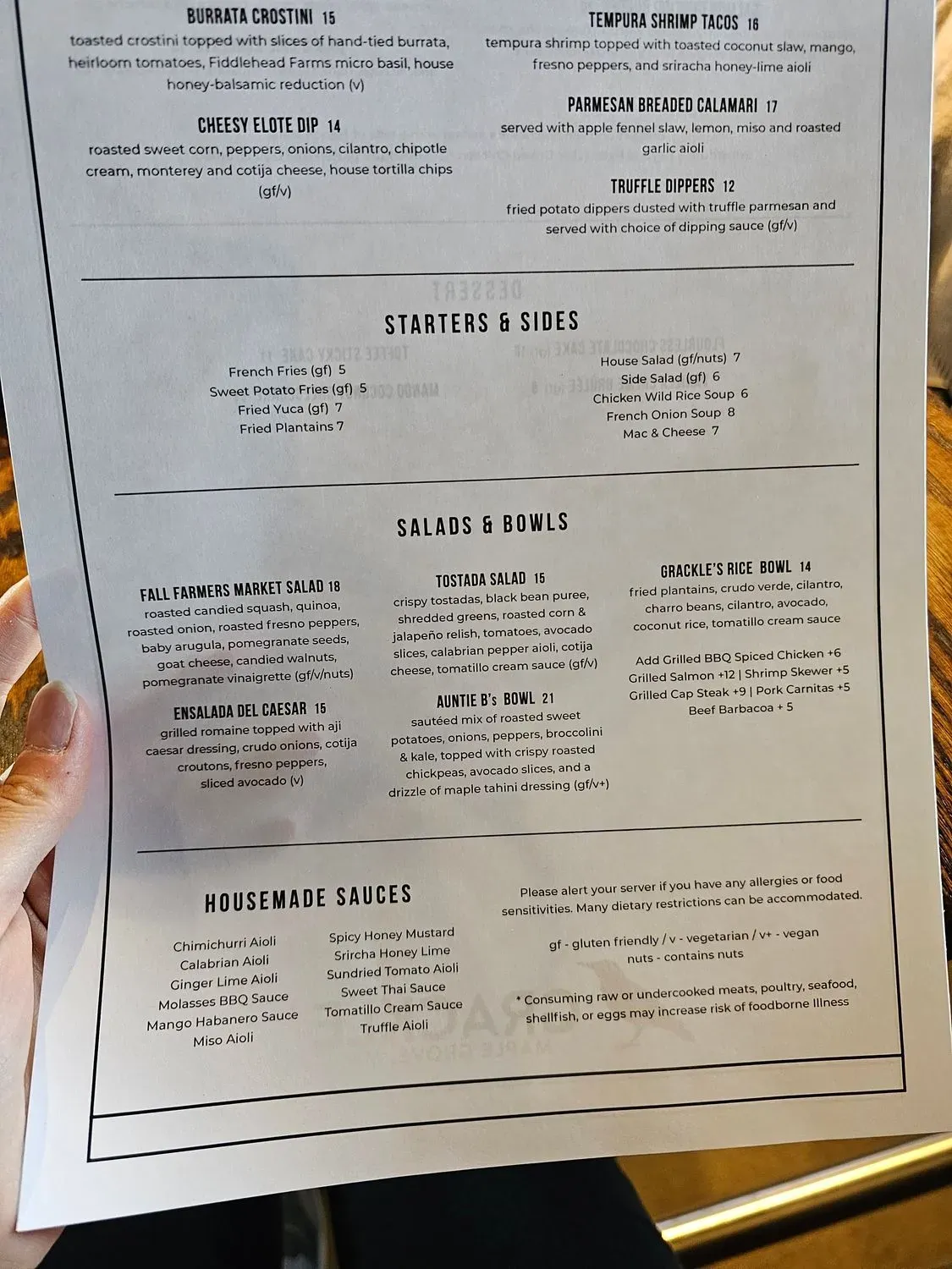 Grackle Menu - Updated November 2025