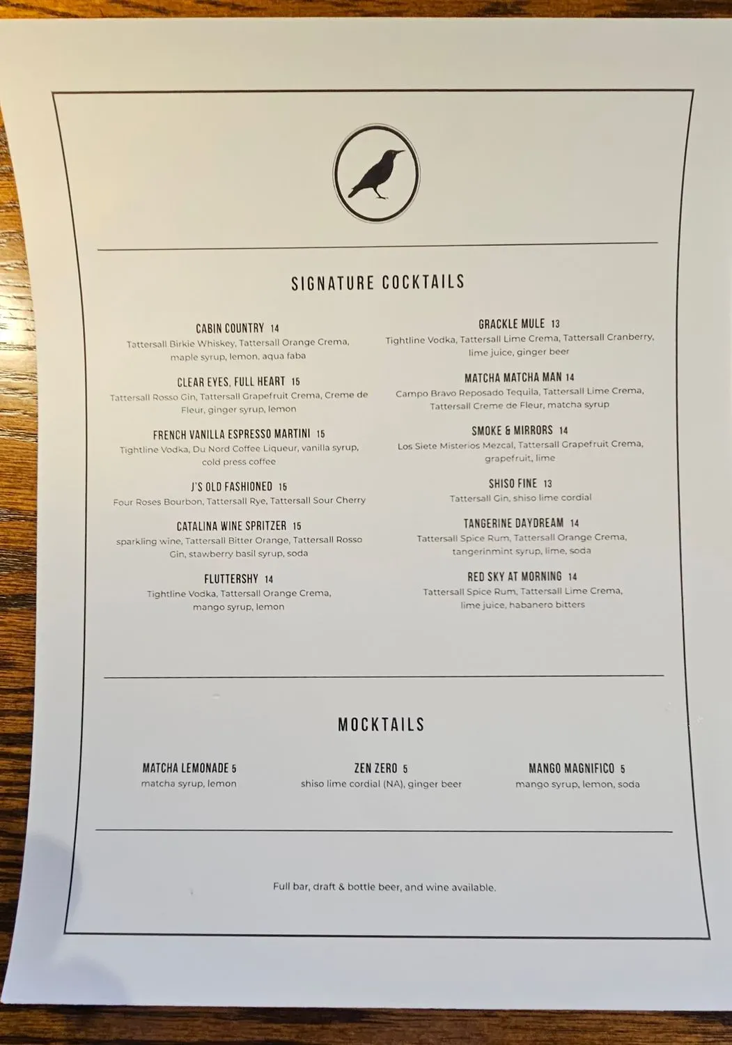 Grackle Menu - Updated November 2025