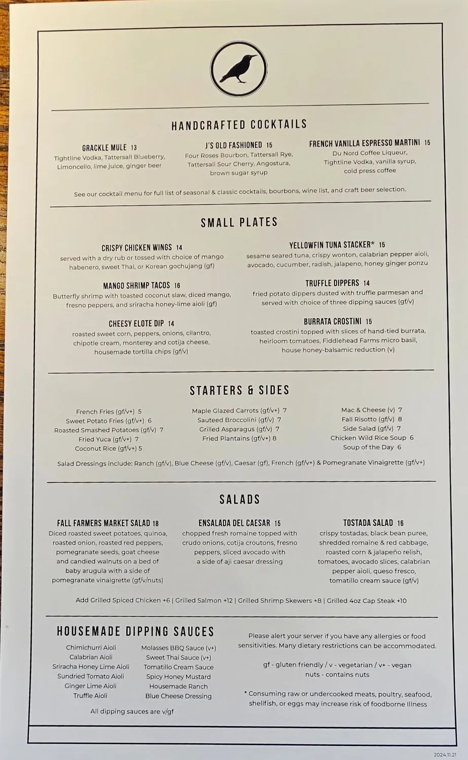 Grackle Menu - Updated November 2025