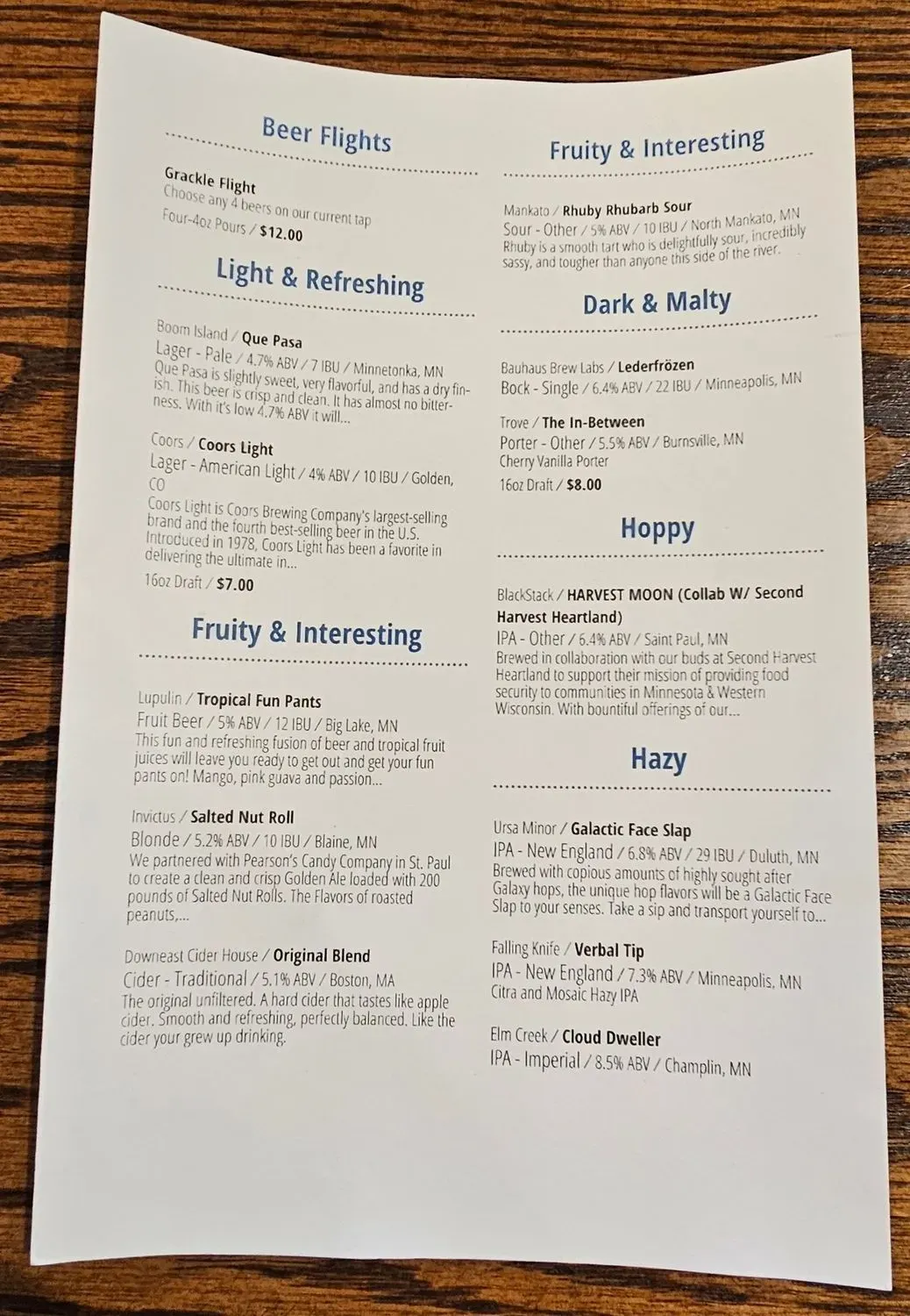 Grackle Menu - Updated November 2025