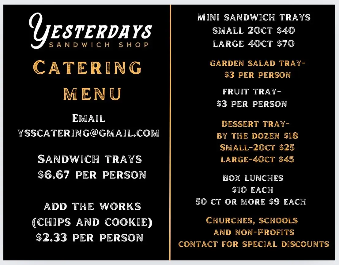 Yesterdays Sandwich Shop Menu - Updated November 2025