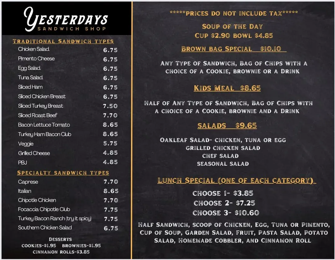 Yesterdays Sandwich Shop Menu - Updated November 2025