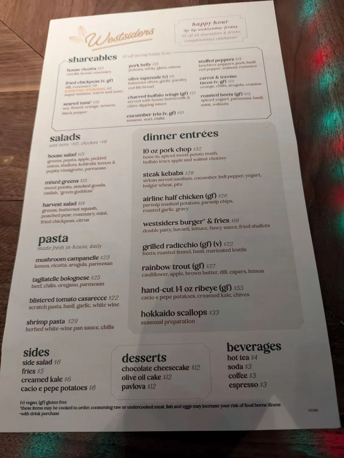 Westsiders Menu - Updated October 2025