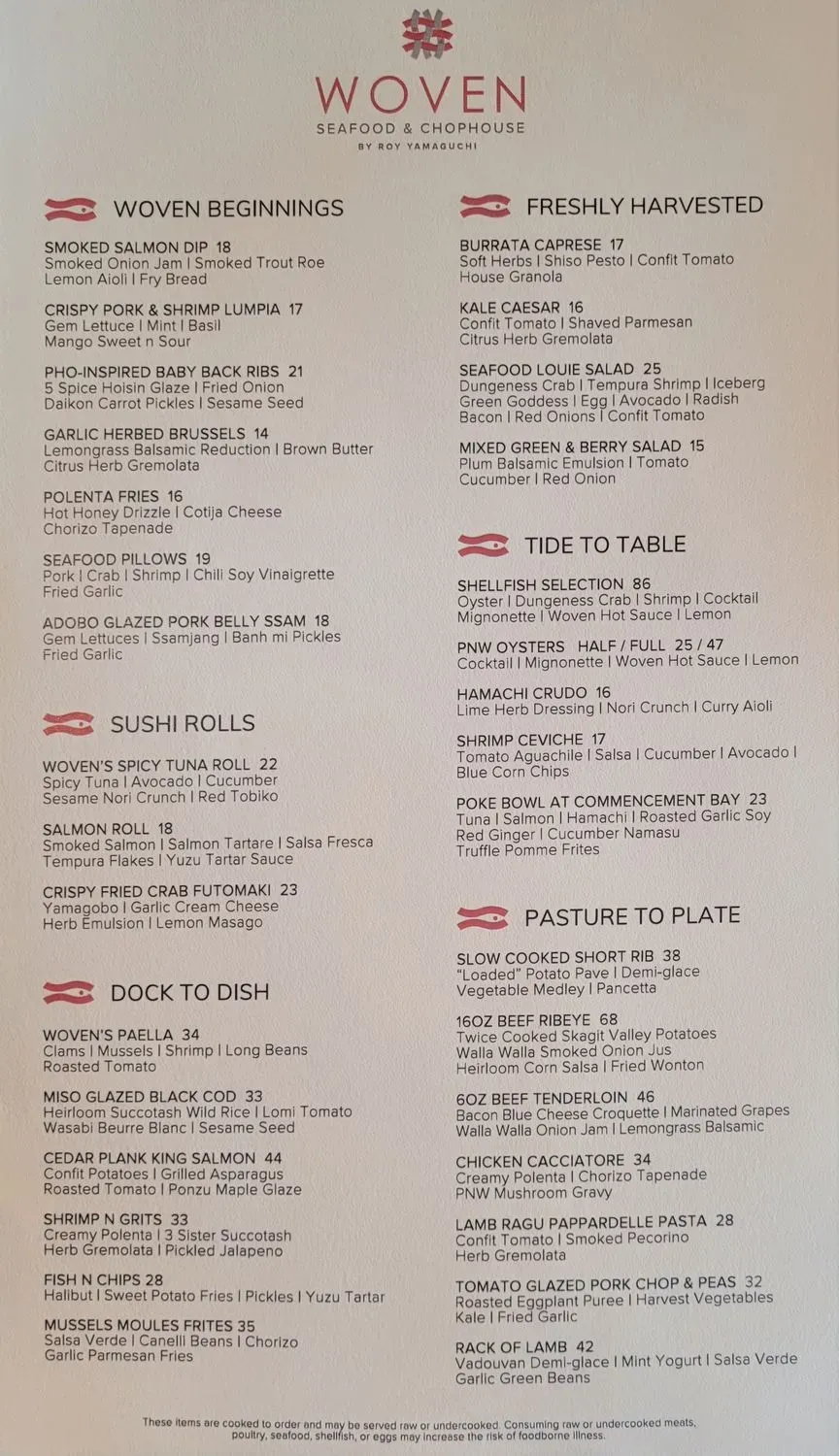 Woven Seafood & Chophouse Menu - Updated November 2025