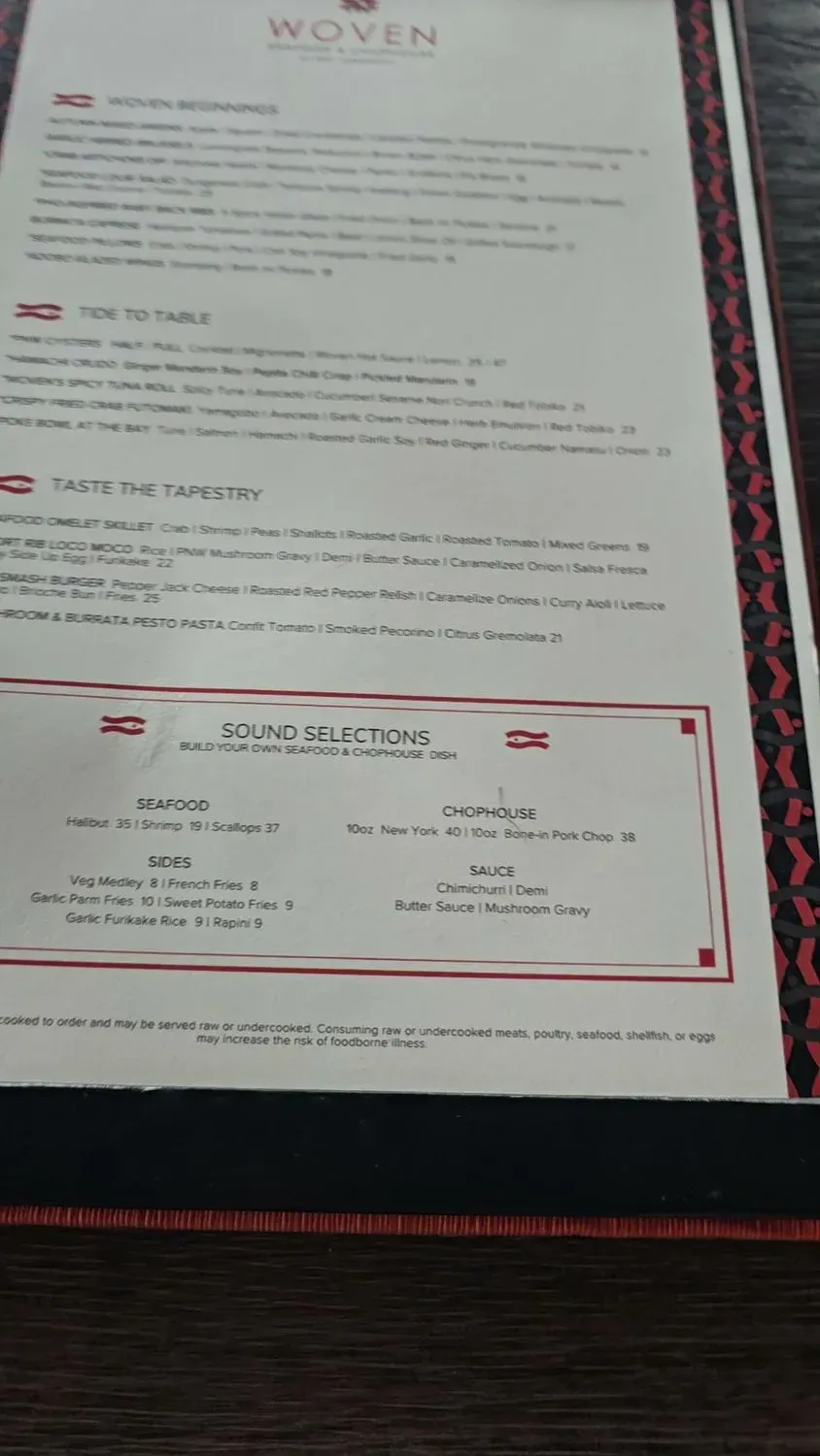 Woven Seafood & Chophouse Menu - Updated November 2025