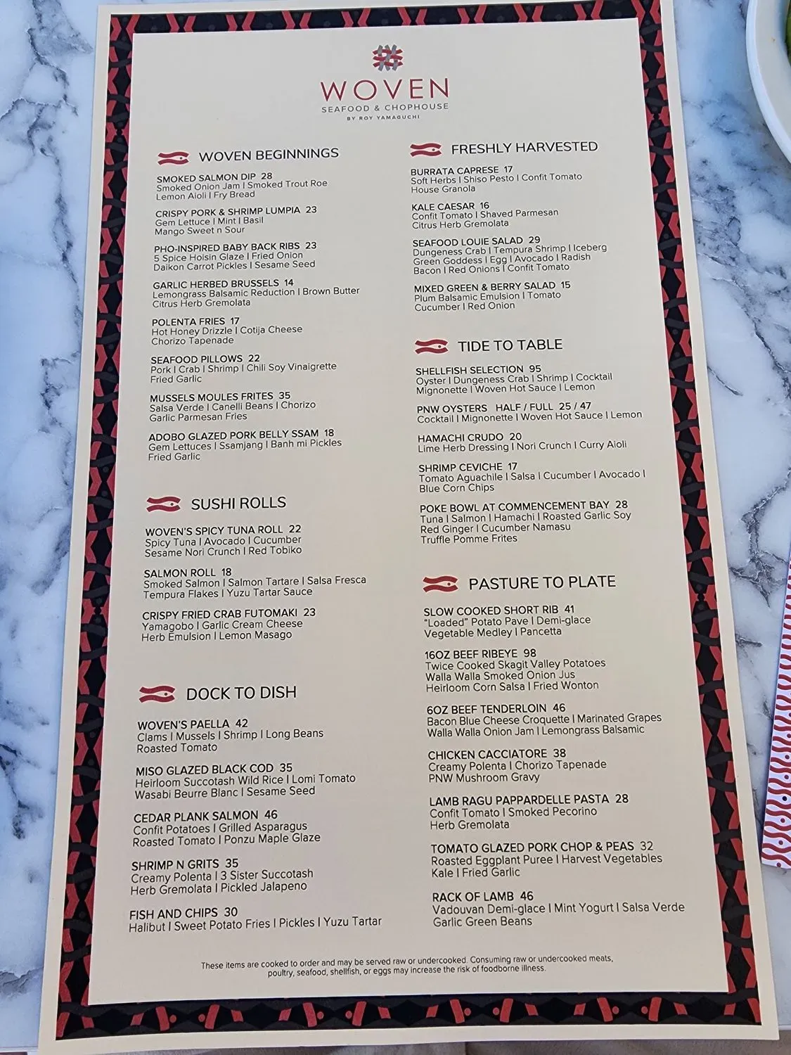 Woven Seafood & Chophouse Menu - Updated November 2025