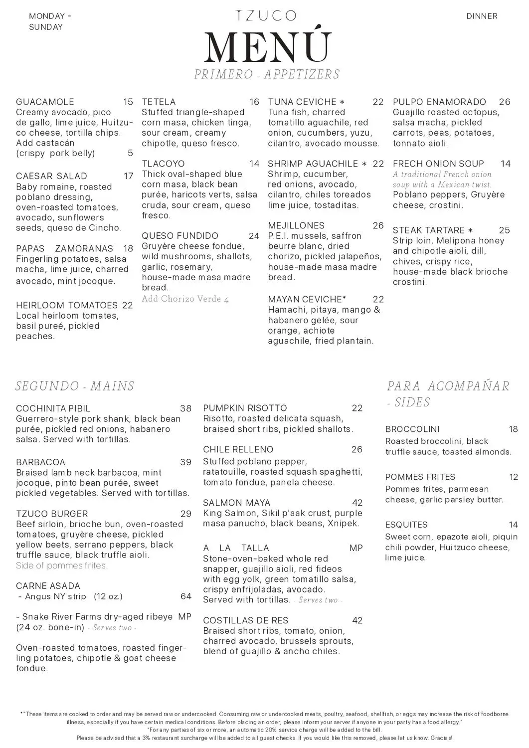 Tzuco Menu - Updated November 2025