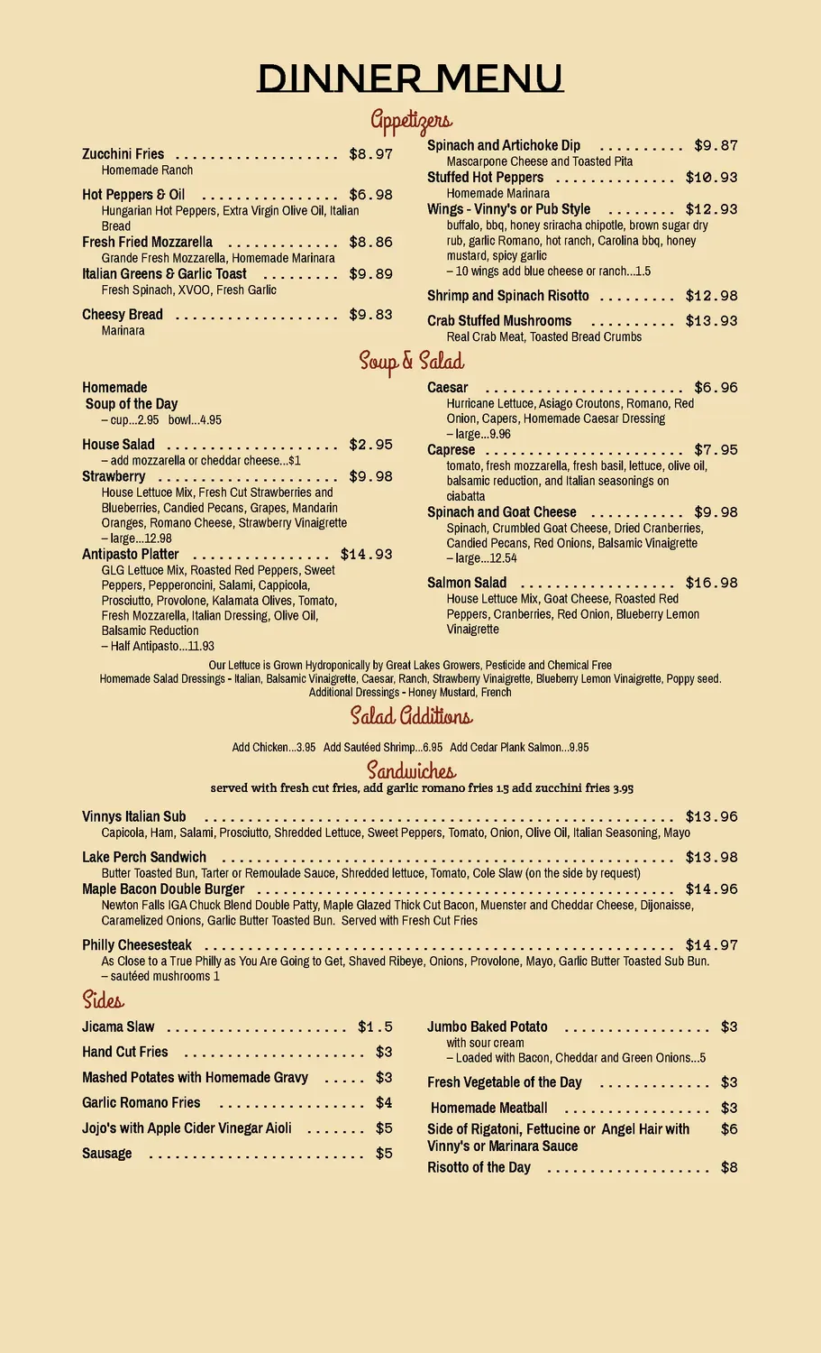 Vinnys of Newton Falls Menu - Updated October 2025