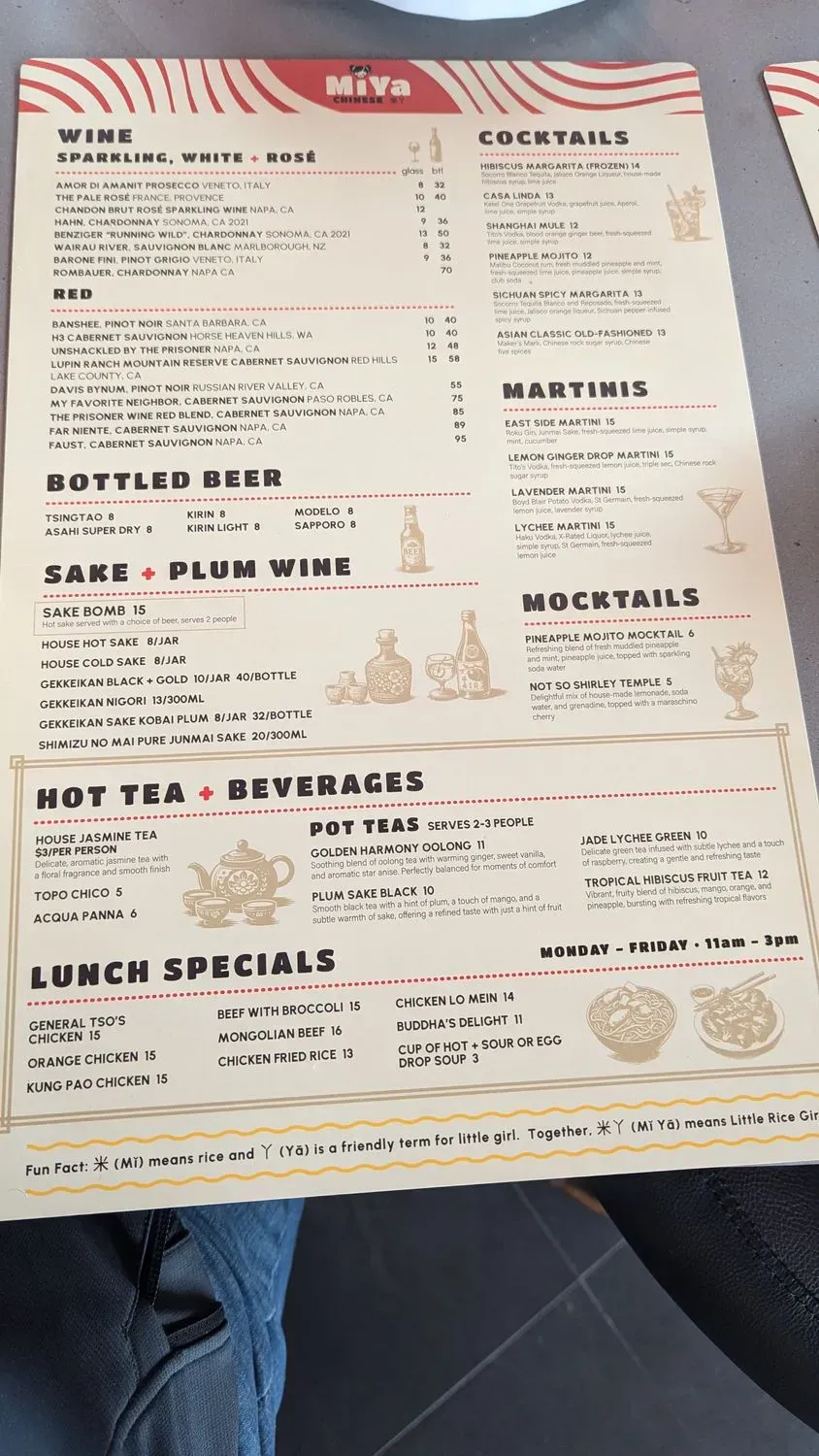 MiYa Chinese Menu - Updated November 2025