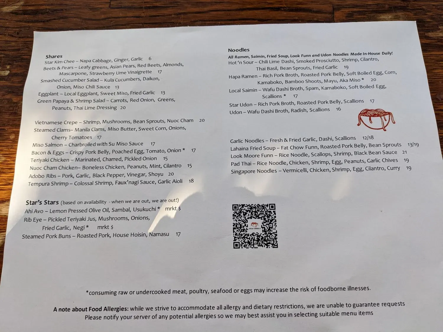 Star Noodle Menu - Updated November 2025