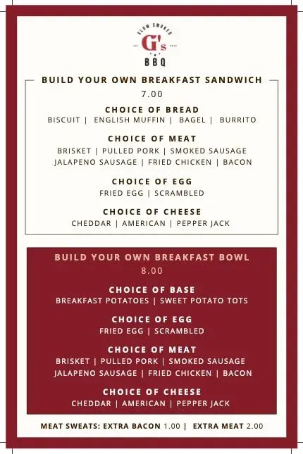 G’s BBQ Menu - Updated August 2025