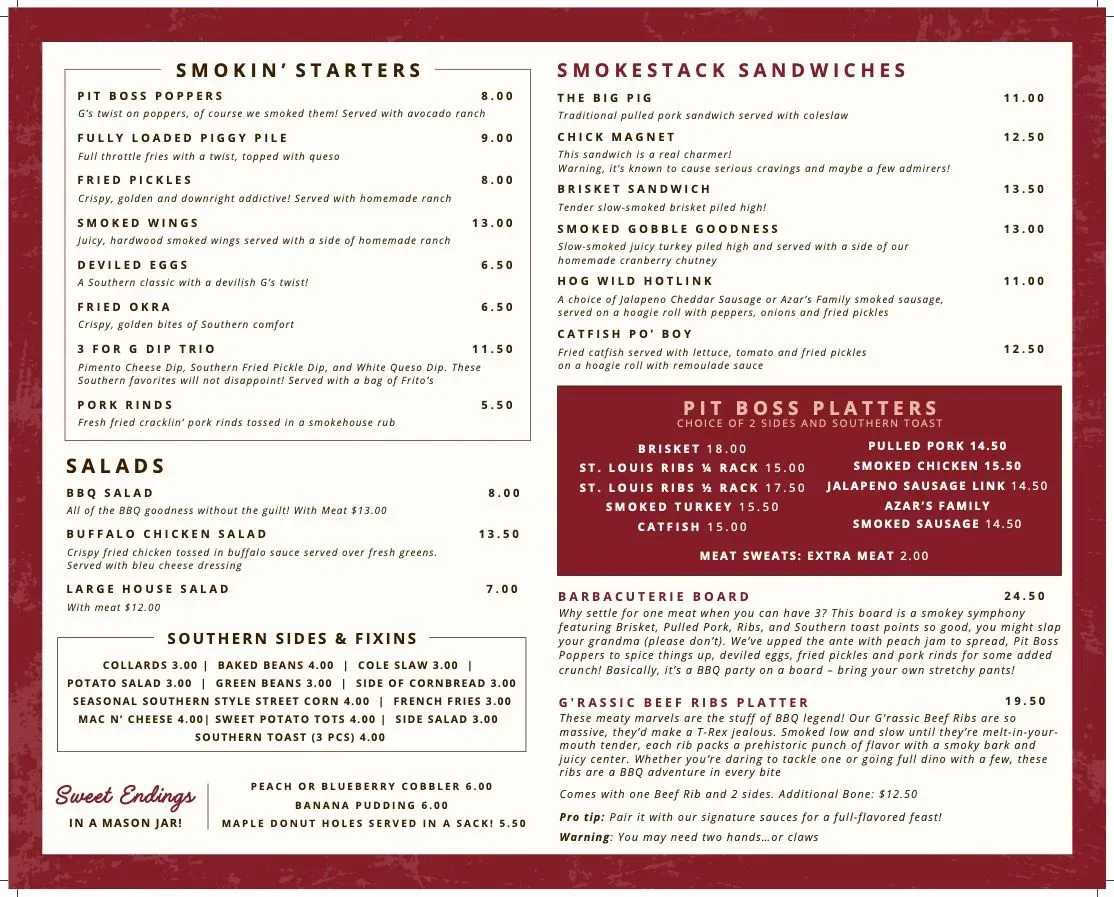 G’s BBQ Menu - Updated August 2025