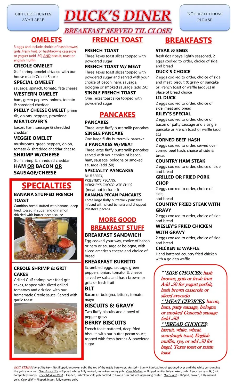 Duck’s Diner Menu - Updated November 2025