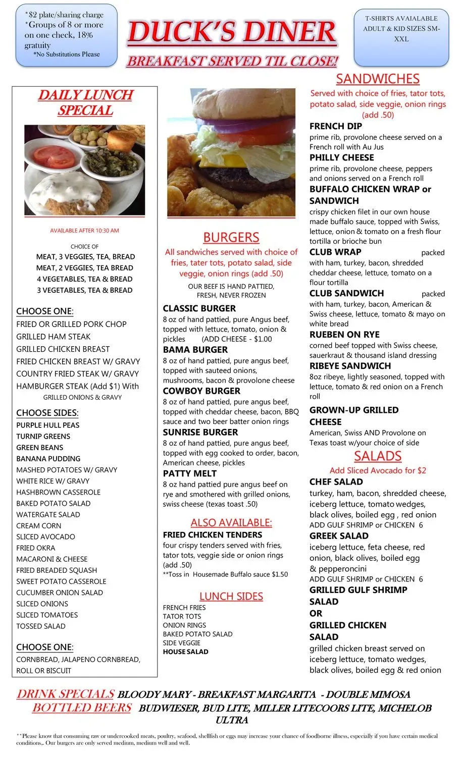 Duck’s Diner Menu - Updated November 2025