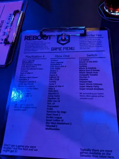 Reboot Arcade & Bar Menu | Dunedin, FL | Checkle