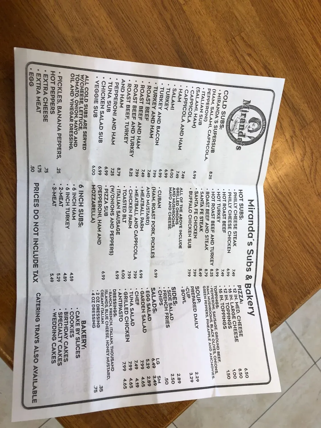 Miranda's Subs & Bakery Menu