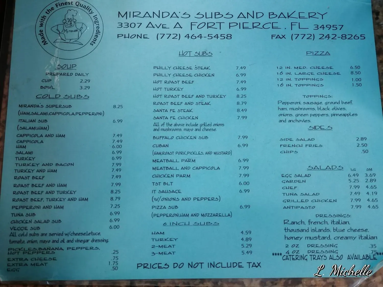 Miranda's Subs & Bakery Menu