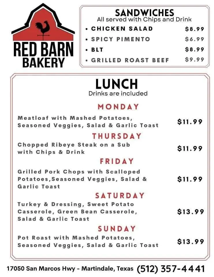 Red Barn Bakery Menu