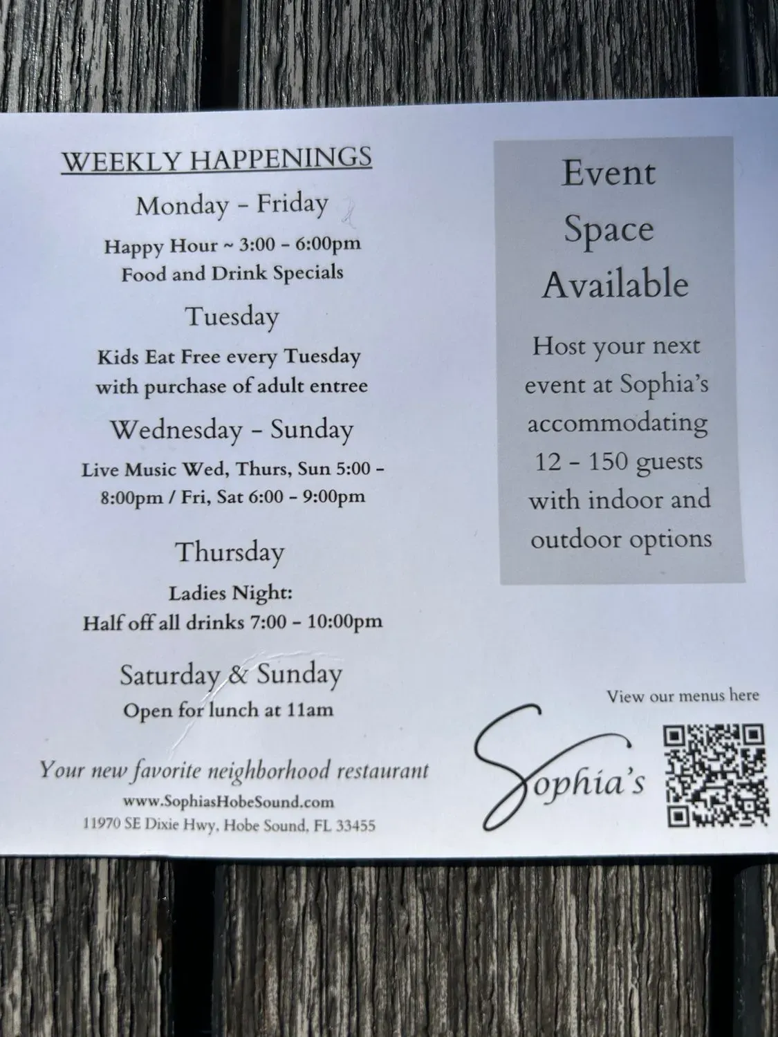 Sophia’s Menu - Updated November 2025
