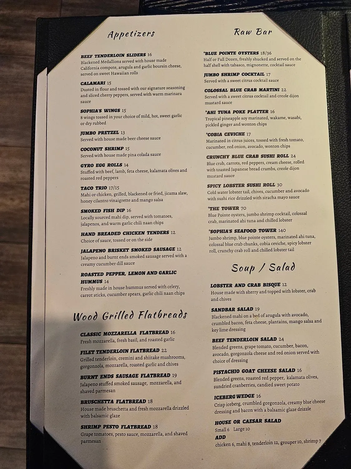 Sophia’s Menu - Updated November 2025